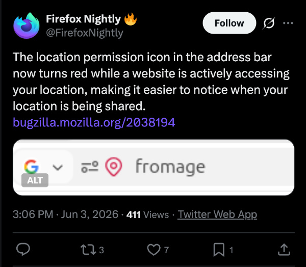 Firefox to highlight active location access with red address bar icon