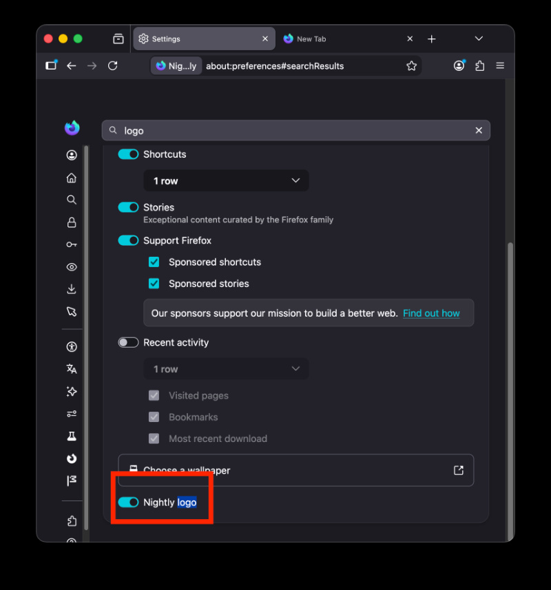 Firefox Nightly update allows users to hide logo in New Tab