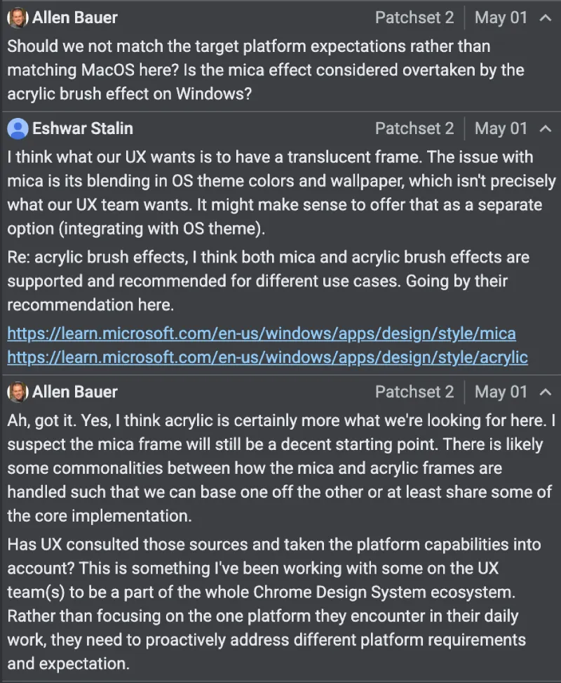 Chrome developers are split over which 'glass effect' to use in the ...