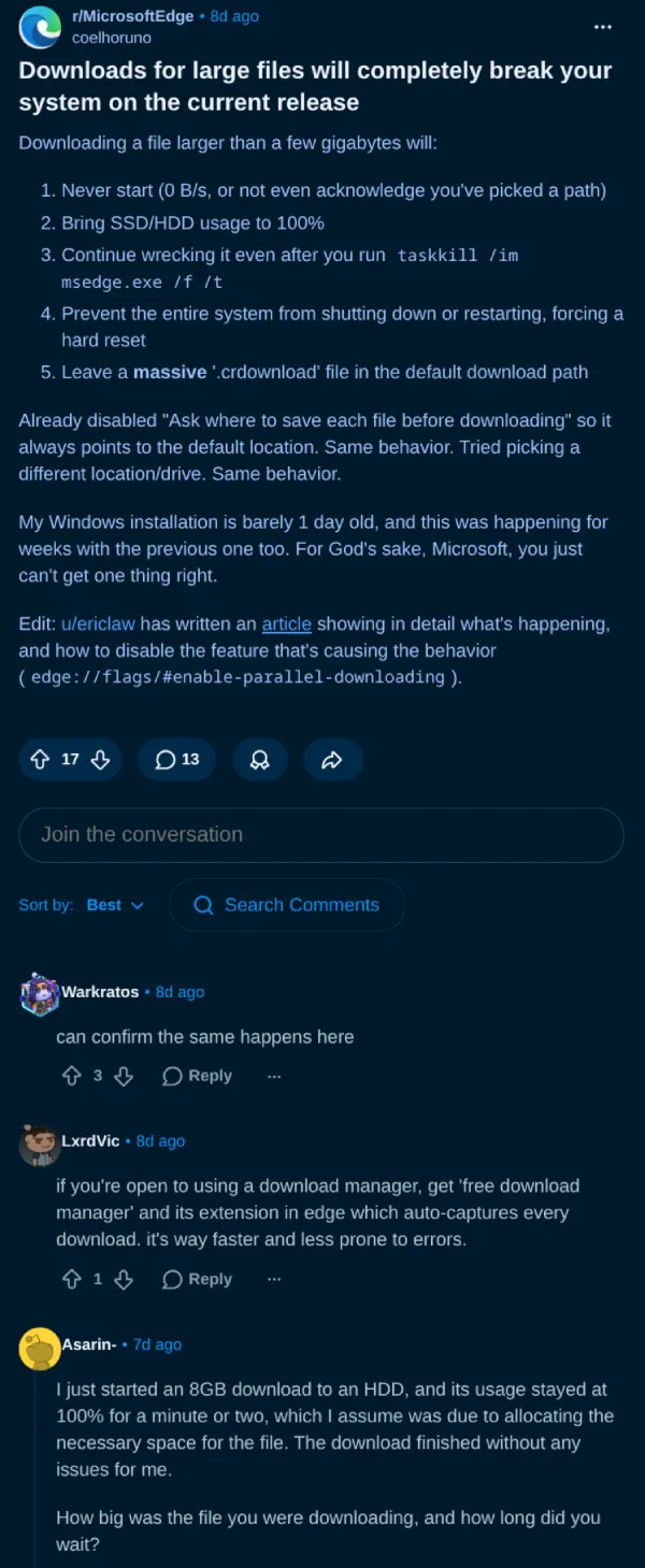 Edge 148 downloads stalling or hanging? You're not alone (workaround ...